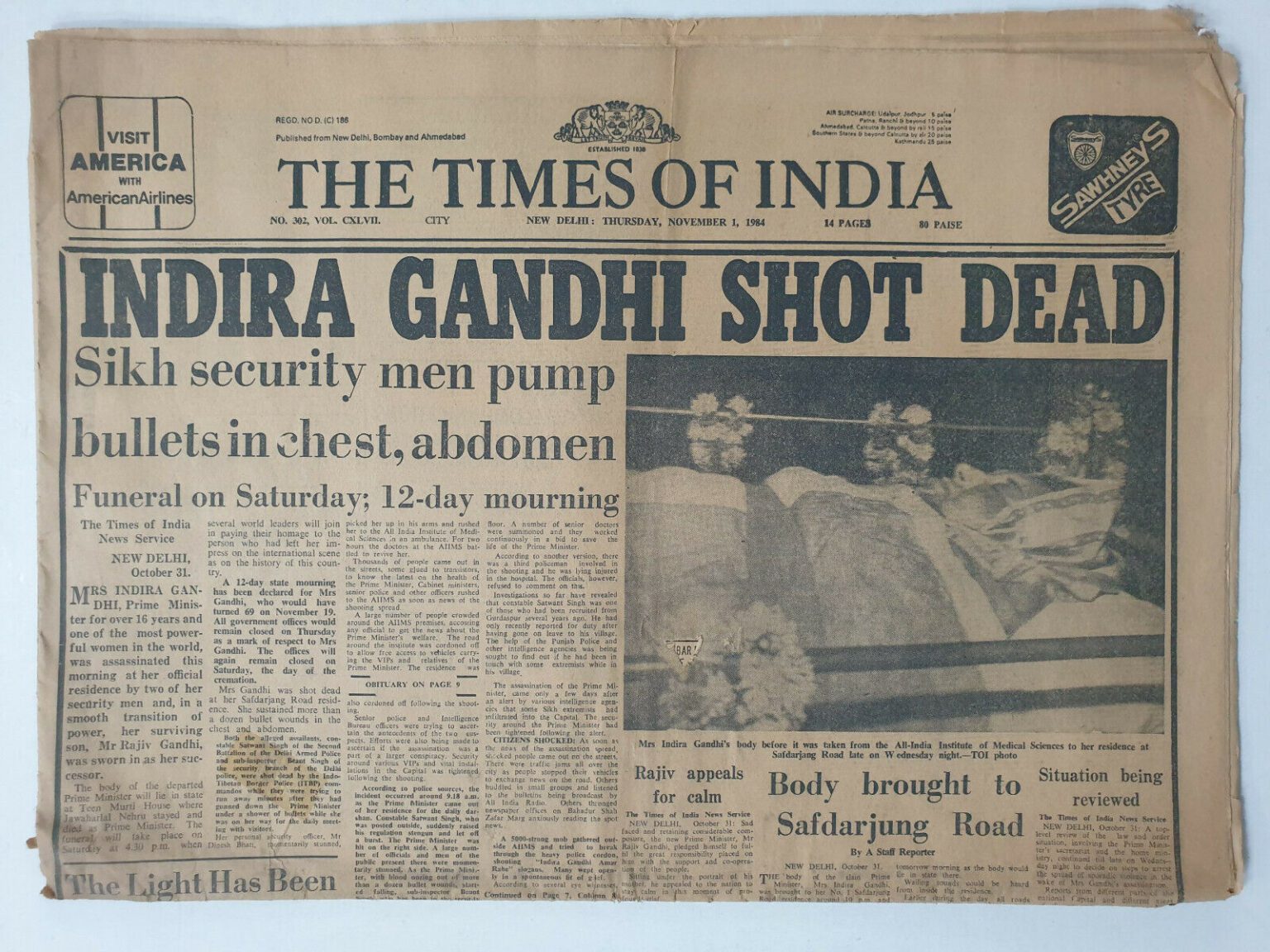 INDIRA GANDHI SHOT DEAD - Times of India Newspaper 1st Nov 1984.
